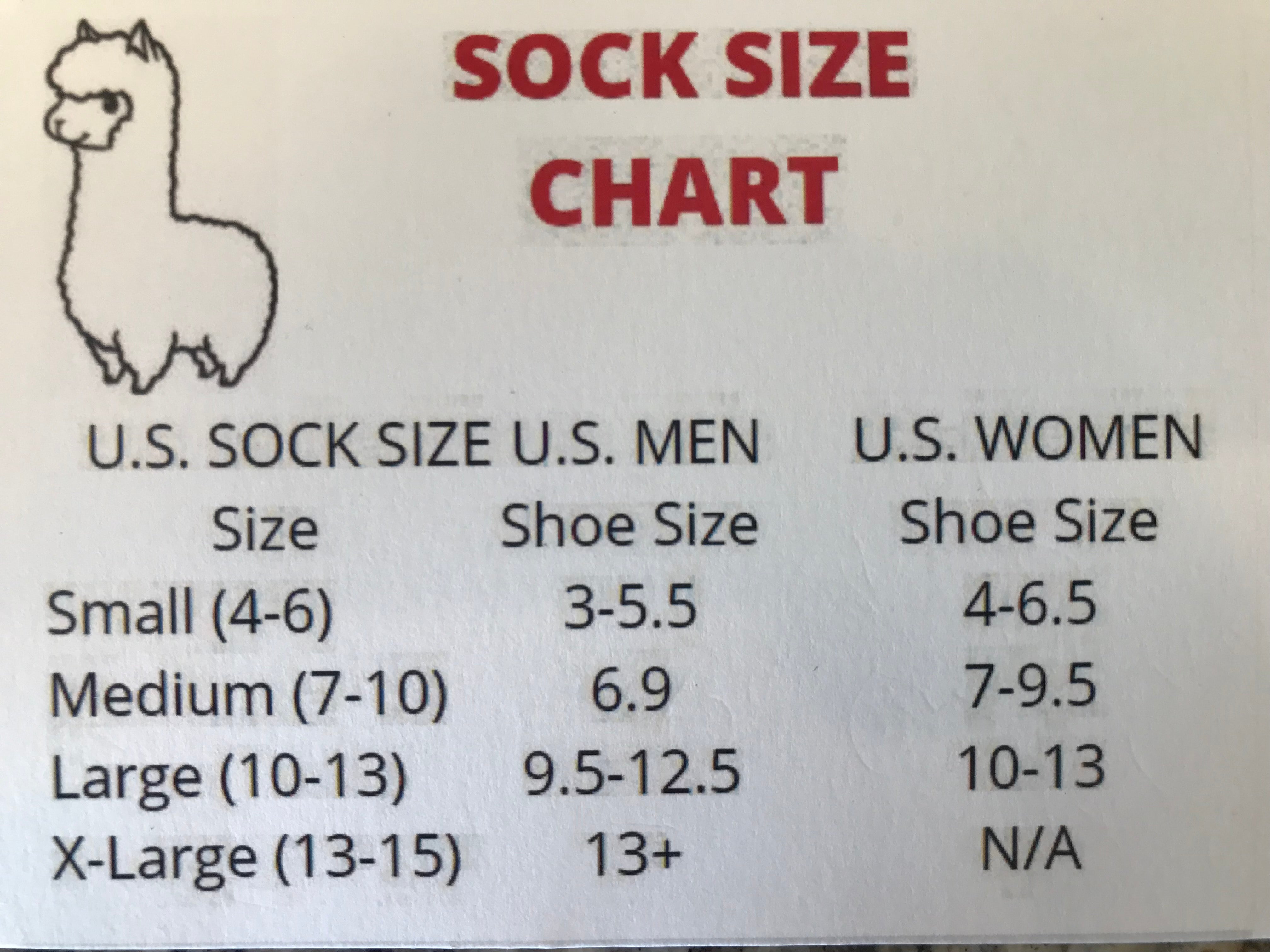 Socks- SOCK SIZE CHART – Timber View Farm Alpacas